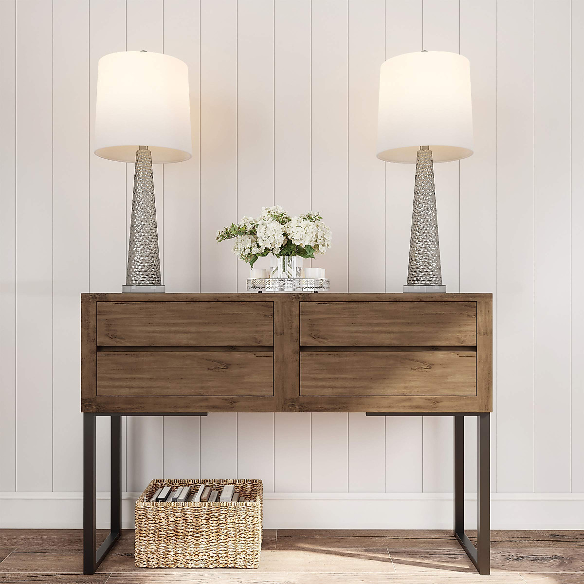 Lavish Home Table Lamps - Set of 2 Contemporary Hammered Glass Lights for Bedroom, Living Room, and Office with Energy-Efficient LED Bulbs (Silver)