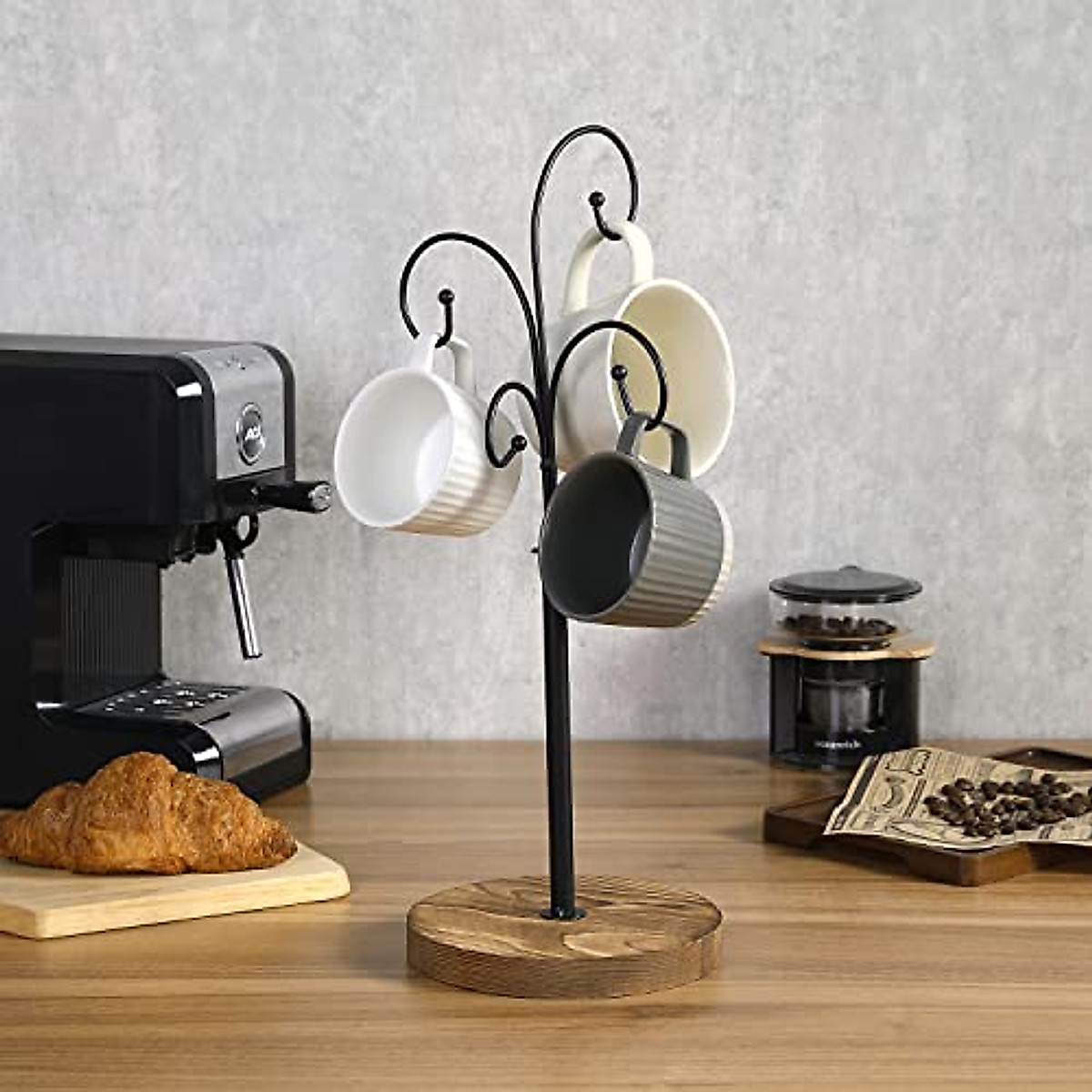 MyGift Black Metal Coffee Mug Holder for Counter, Mug Tree Stand with 4 Curved Hook Arms and Brown Wood Base