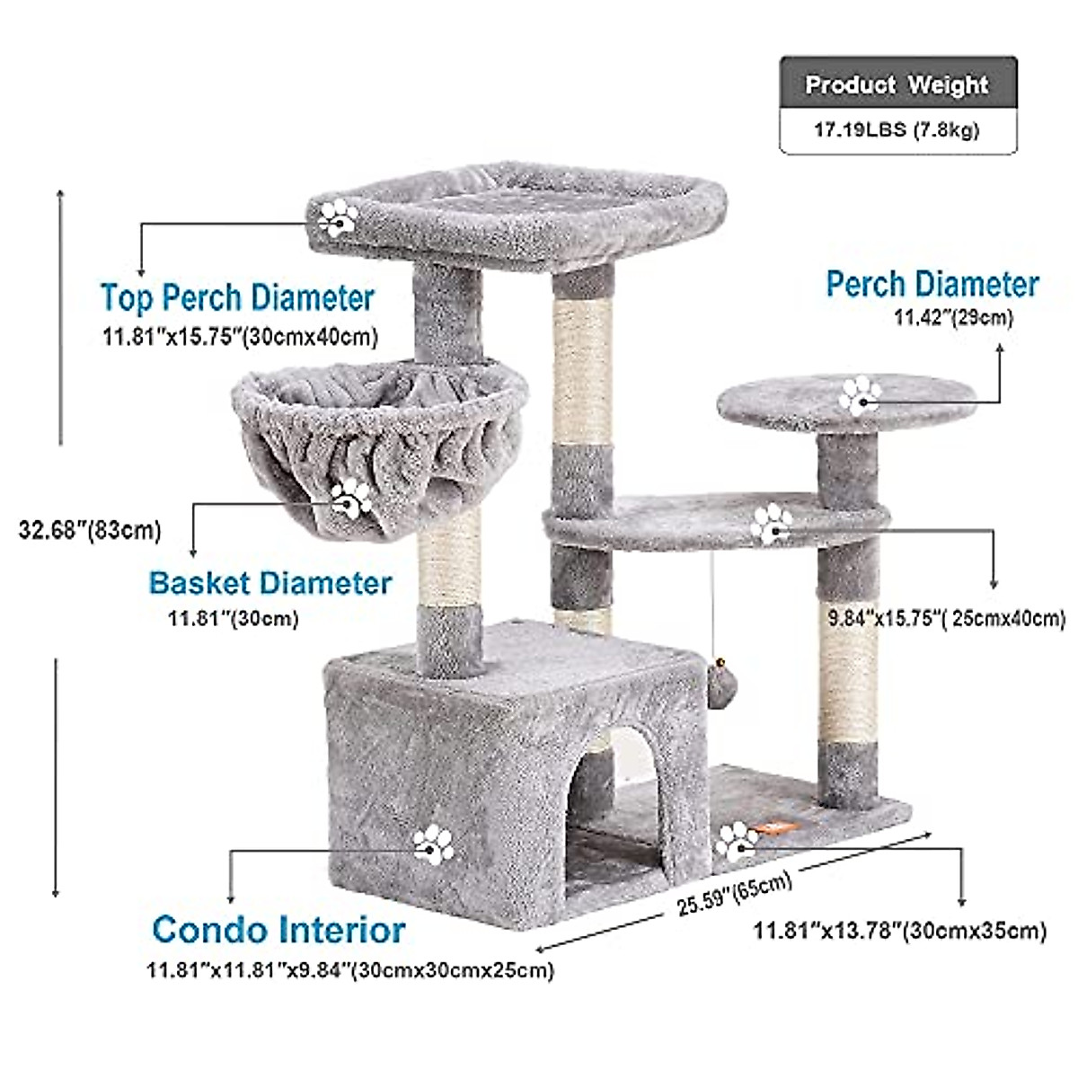 Heybly Cat Tree Cat Tower Condo with Sisal-Covered Scratching Posts and Cooling mat for Kitten Light Gray HCT001SW