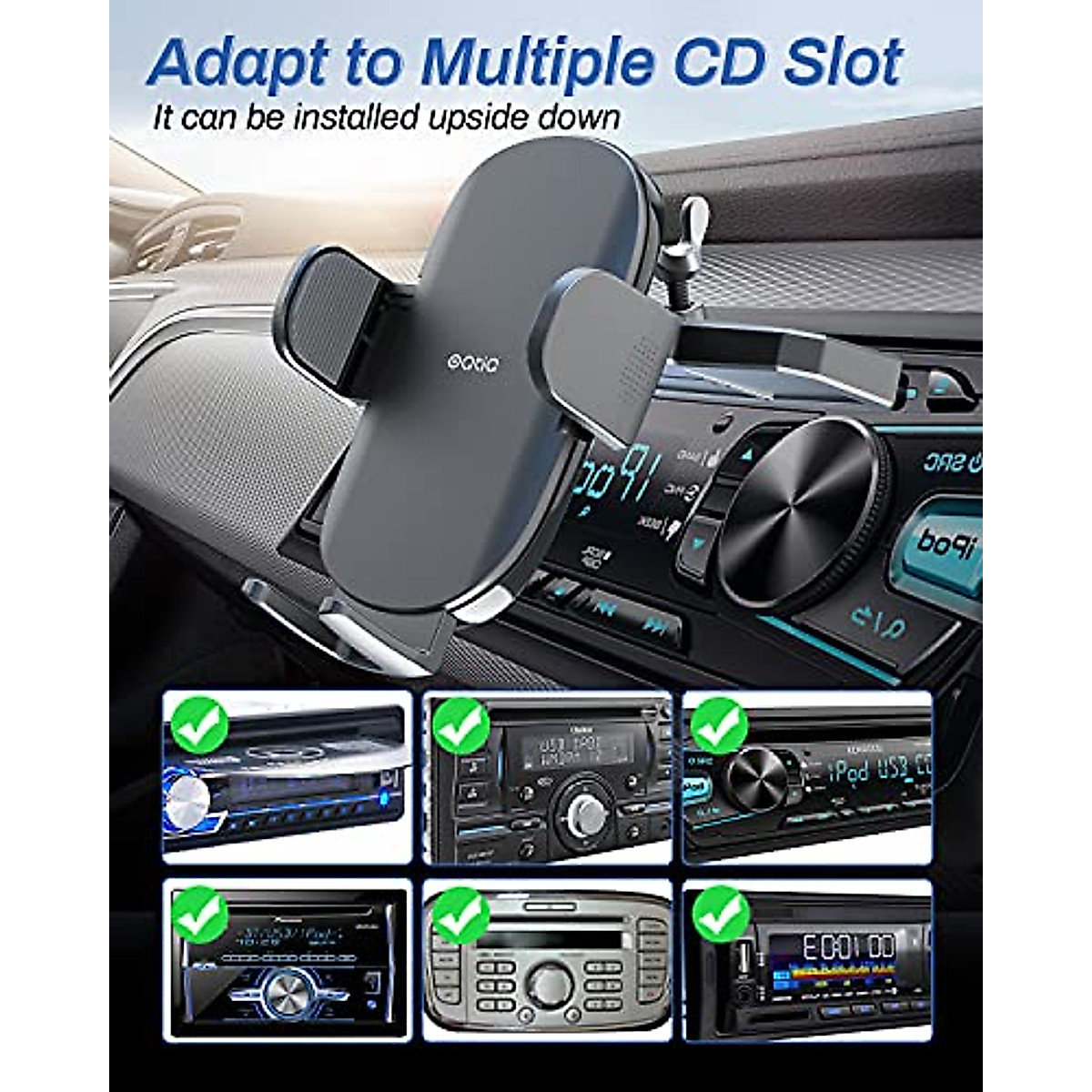 OQTIQ CD Phone Holder for Car, Sturdy CD Mount & Air Vent Car Phone Mount, [Silicone Pad Protection] for CD Player Car Phone Holder Compatible with iPhone 13, All Phones