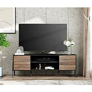 WAMPAT Modern TV Stand 65 inch TV Table, Mid-Century Wood TV Console Entertainment Center for 55 inch TV with 6 Storage Cabinets, Media Console for Living Room Bedroom, 60‘’ Black/Brown