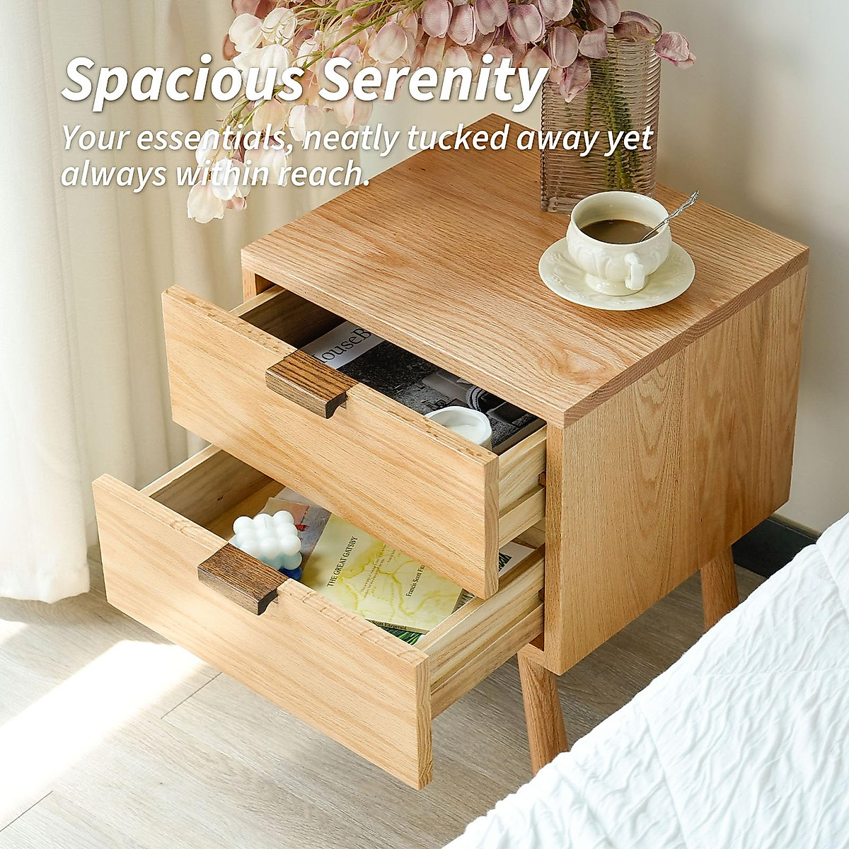 Cttasty Night Stand, Mid Century Modern Nightstand w/2 Drawers, Cute Small Nightstand, Boho Nightstand, Solid Wood Bedroom Nightstand, Oak Bedside Table, 16.54 W x 15.75 D x 21.65 H Inches(Natural)