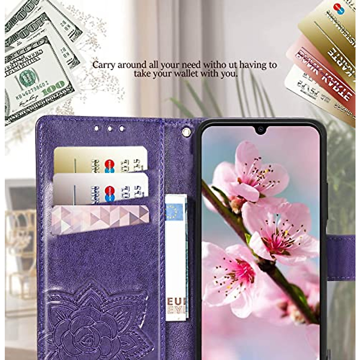 Designed for Galaxy A14 5G Phone Case Wallet,Women Flip Folio Cover with Credit Card Holders Butterfly Embossed PU Leather Kickstand Wrist Strap Purse Case for Samsung A14 5G 6.6 inch (Purple)