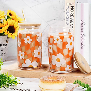 Whaline 2 Pack Retro Floral Checkers Iced Coffee Cup Orange Boho Drinking Glasses Retro Flower Beer Can Glass with Lid Straw Cleaning Brush for Home Office Gifts,16oz