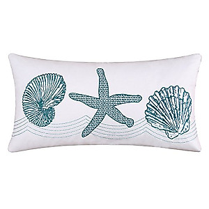 C&F Home Cora Blue Coastal Tropical Beach House Sea Life Shells Starfish Handcrafted Cotton Embroidered Pillow 12 x 24 Blue