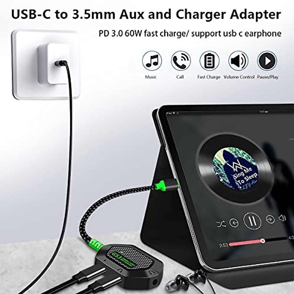 Samsung Galaxy S23 Headphone Adapter, 3 in 1 USB C to 3.5mm Headphone and PD 60W Charger Adapter USB C Splitter Compatible with Galaxy S23+/S23 Ultra/S22/S21 Ultra/S21FE/Note 20, Pixel 7/7Pro/6/6Pro