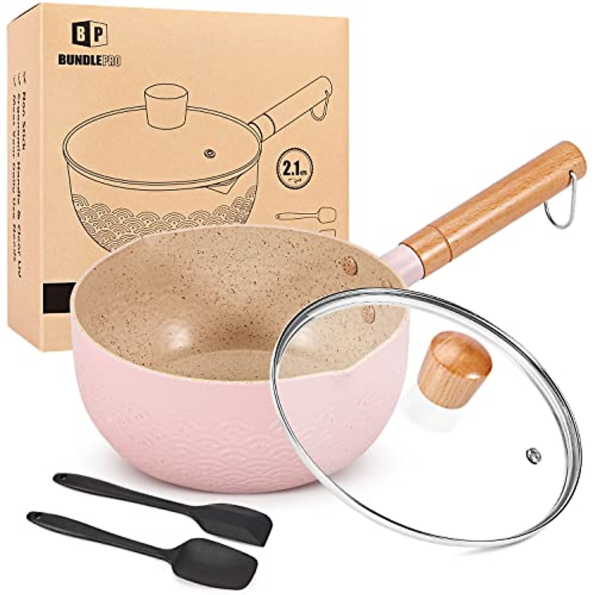 2.1 Quart Saucepan Set with Lid, Nonstick Aluminum Sauce Pot, Induction Compatible Small Cooking Pots with Silicone Spatulas for Milk, Soup, Pasta, Egg, Rice (PINK)