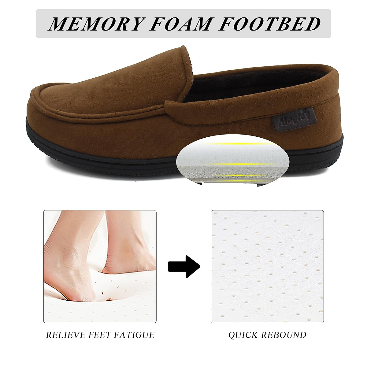 Magtoe Moccasin Slipper for Men Warm House Slippers Memory Foam Indoor Outdoor Home Slide Shoes Winter Fall(13-14,Coffee)