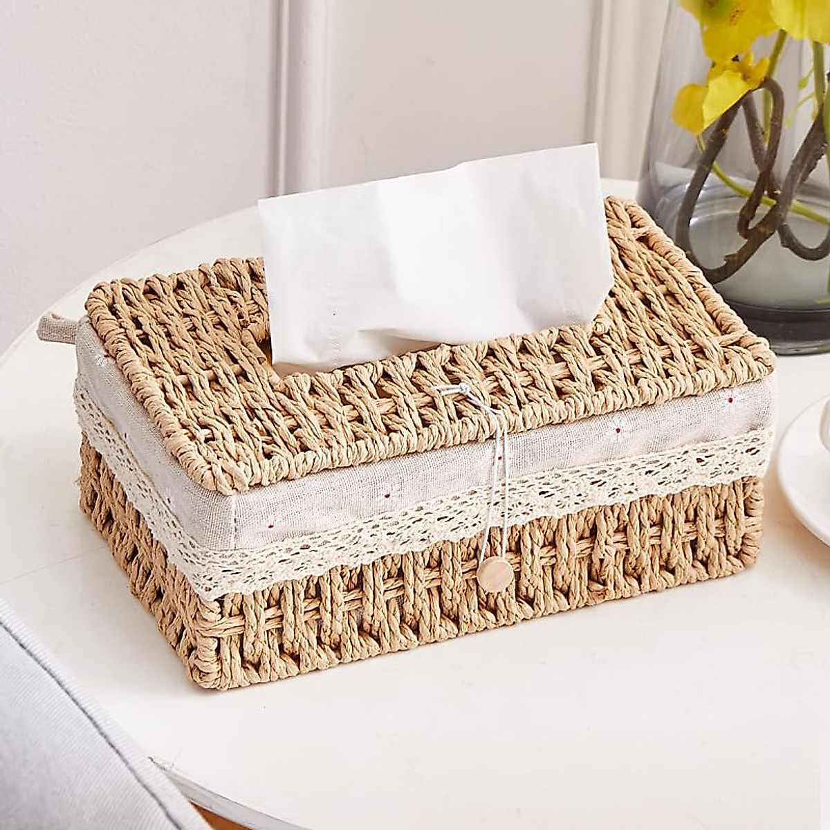 BUPEI Living Room Tissue Box Desktop Paper Box Home Coffee Table Key Basket Imitation Straw Storage Box Simple Napkin Paper Box (Color : Large Brown Belt Buckle)