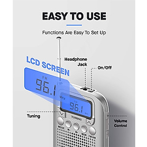 Vondior Digital AM FM Portable Pocket Radio with Alarm Clock- Best Reception and Longest Lasting. AM FM Compact Radio Player Operated by 2 AAA Battery, Stereo Headphone Socket (Silver)