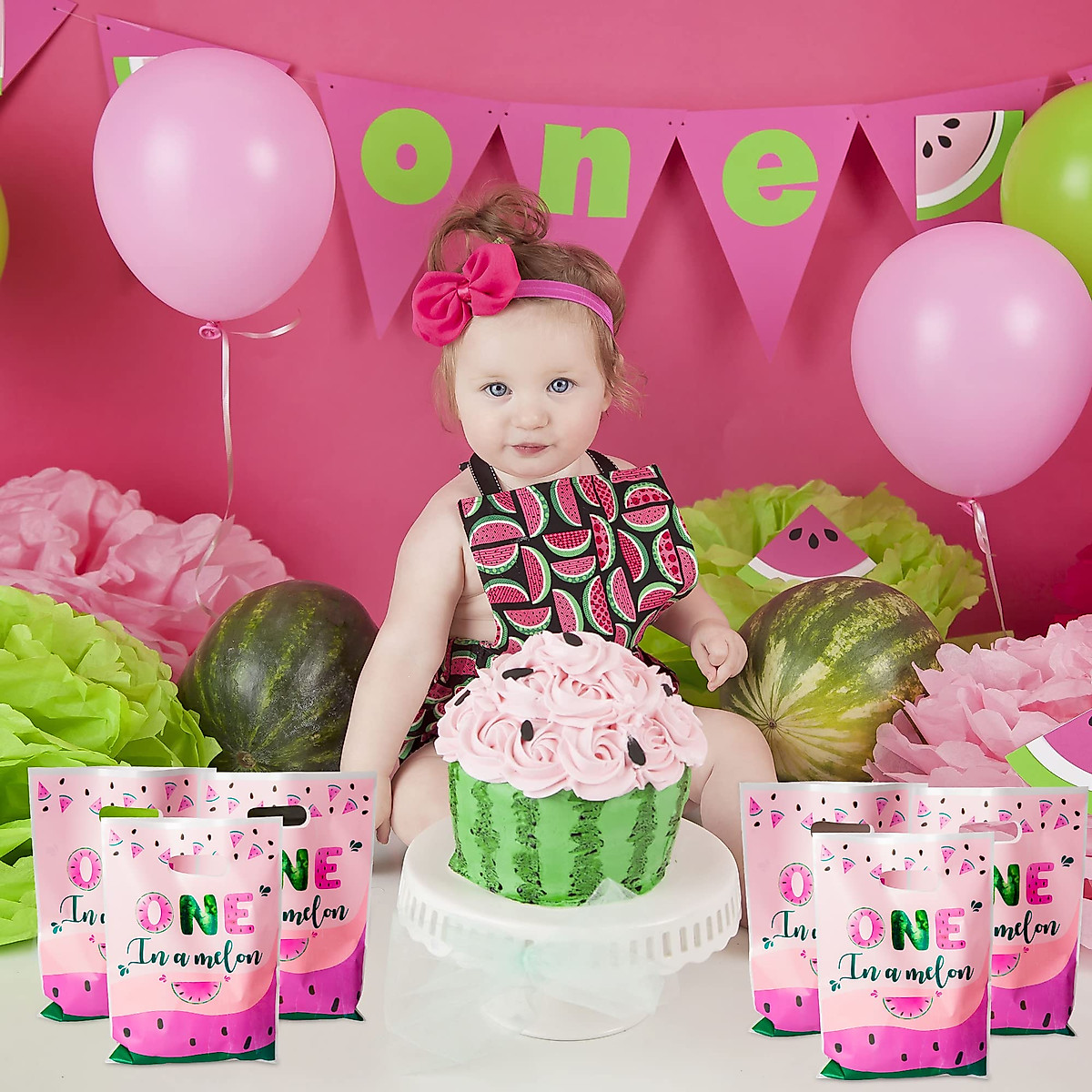 3sscha 50Pcs One in A Melon Party Favor Bag Watermelon Themed Waterproof Goodie Bag with Die Cut Handles Summer Glossy Plastic Candy Gift Bags for Kid First Birthday Baby Shower Decoration Supplies