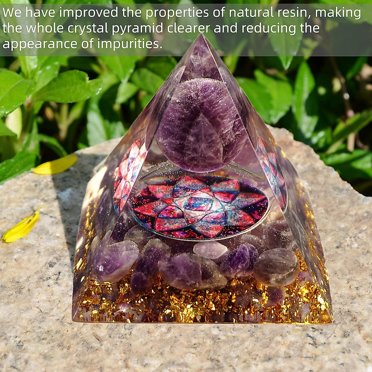 Handmade Amethyst Orgonite Pyramid 60mm with Amethyst Natural Crystal Stone Orgone Energy Pyramide