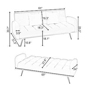 Verfur Teddy Fleece Upholstered Modern Convertible Futon Adjustable Folding Sofa Bed, Recliner Sleeper Loveseat Couch with Metal Golden Legs and Throw Pillows for Living Room, Office,Bedroom
