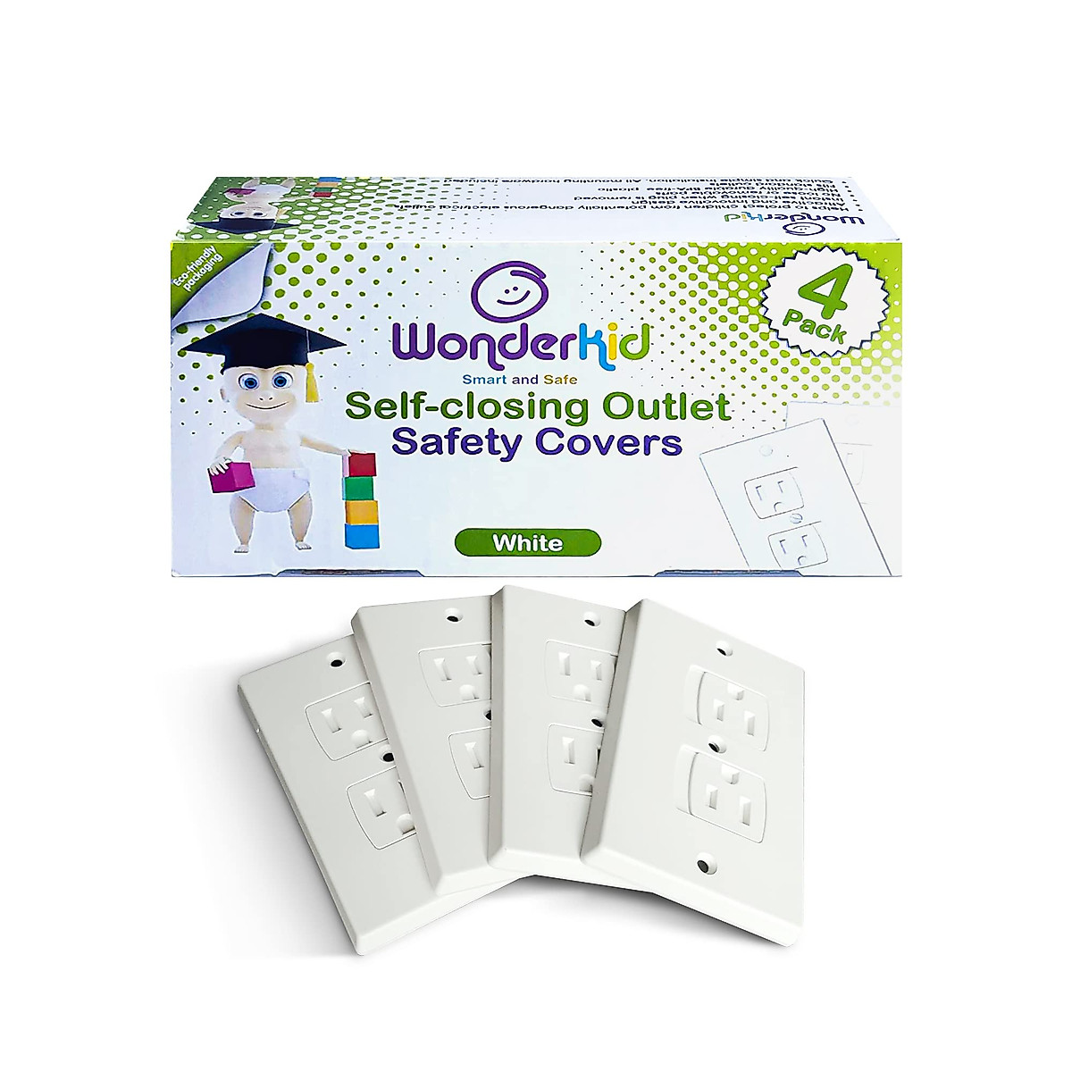 Self-Closing Electrical Wall Outlet Covers for Baby Proofing, Premium Plastic, Standard-Size Child Proof Outlet Cover, 4.6 x 3 Inches, Pack of 4, White - Wonderkid