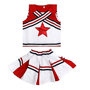 LOLANTA Little Girls Cheerleader Uniform Outfit Cheerleading Costume Fun Varsity Brand Youth Red White (Red, 5-6)