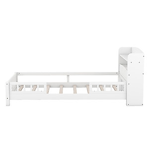 Harper & Bright Designs Kids Twin Bed with Storage Headboard and Guardrail, Wood Twin Platform Bed Frame with Built-in LED Light, for Girls Boys (Twin Size, White)