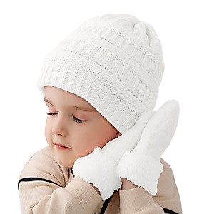 Muryuobao Toddler Kids Girls Boys Knitted Winter Hat Gloves Set Warm Fleece Lined Hats Baby Cable Skull Beanie Cap Mittens Set White Small