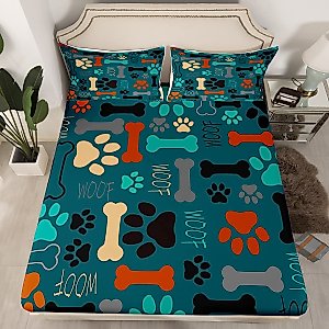 Pup Dog Paw Print Bed Sheets for Girls Boys,Colorful Bones Fitted Sheet for Kids Child Dog Lover Multicolor Puppy Dog Claw Marks Bedding Sets,Lovely Pet Animal Themed Bedroom Decor Twin Size