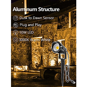 ZUCKEO 10W Outdoor Spotlights LED Spot Lights Dusk to Dawn Photocell Light Sensor, 120V Landscape Lighting Electric Spotlight Plug in Flag Pole Light for Yard House Garden Decor, 3.94FT Cord 3000K