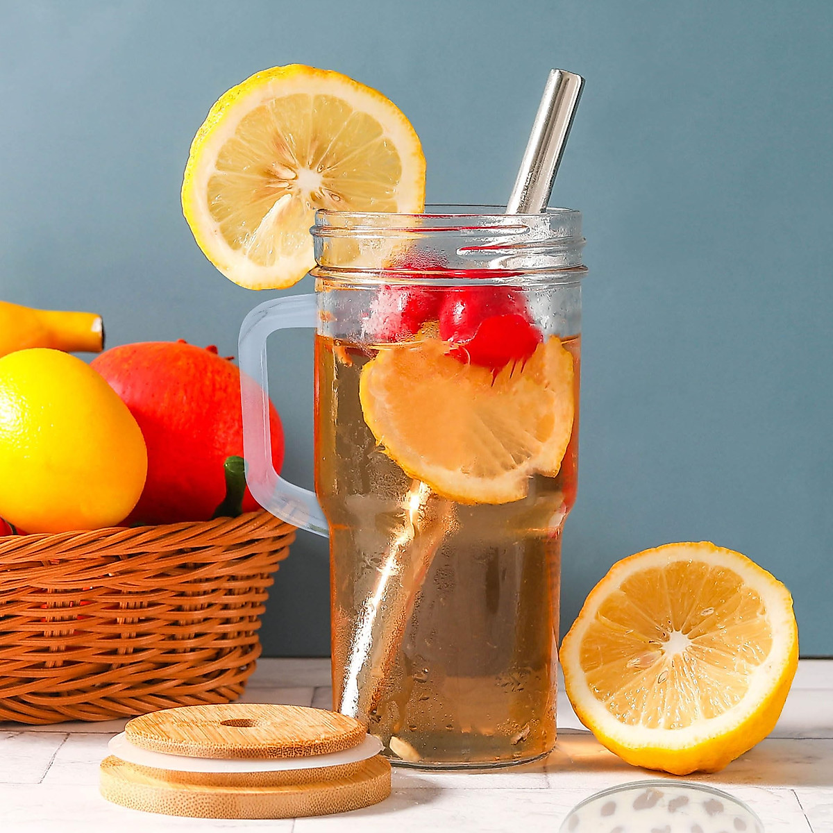 Ensccant 4Pack Glass Tumbler Cups with handle, 22oz Reusable Iced Coffee Cup with Bamboo Lid and Straw - Mason Jar Drinking Glasses for Cocktail, Beer, Smoothie Boba Tea, Juice - Non-slip Cup