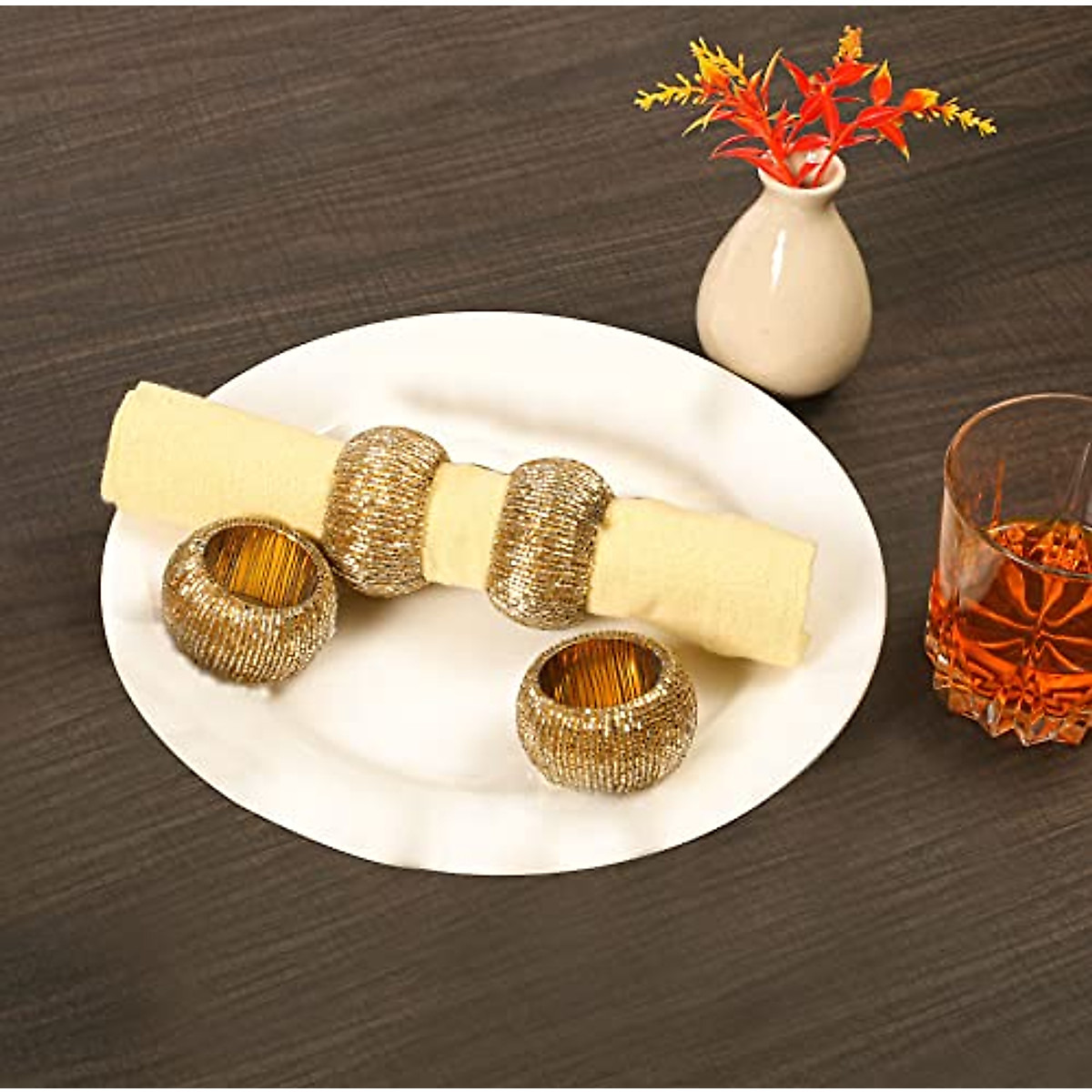 Goroly Home Beaded Napkin Rings Set of 4, Hand Made Round Beaded Napkin Rings Perfect for Christmas, Thanksgiving, Family Gatherings - A Beautiful Complements to Your Dinner Table Décor - Gold