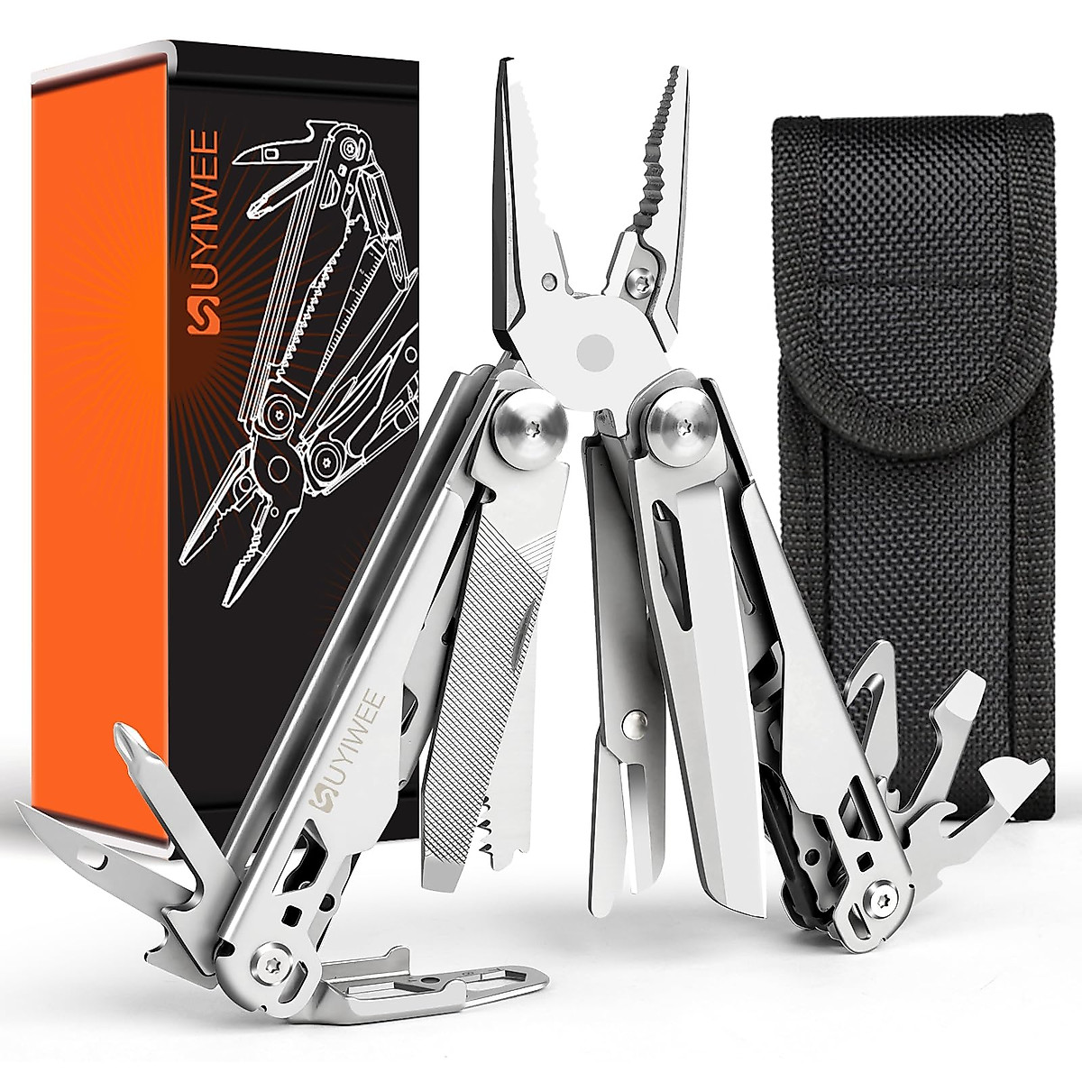 SUYIWEE Multitool 19-in-1 with Safety Lock, Professional 440A Stainless Steel Multi Tool Pliers Pocket Tool, Foldable Multitools with Nylon Sheath for Outdoors, Survival, Camping, Hiking, Repairing