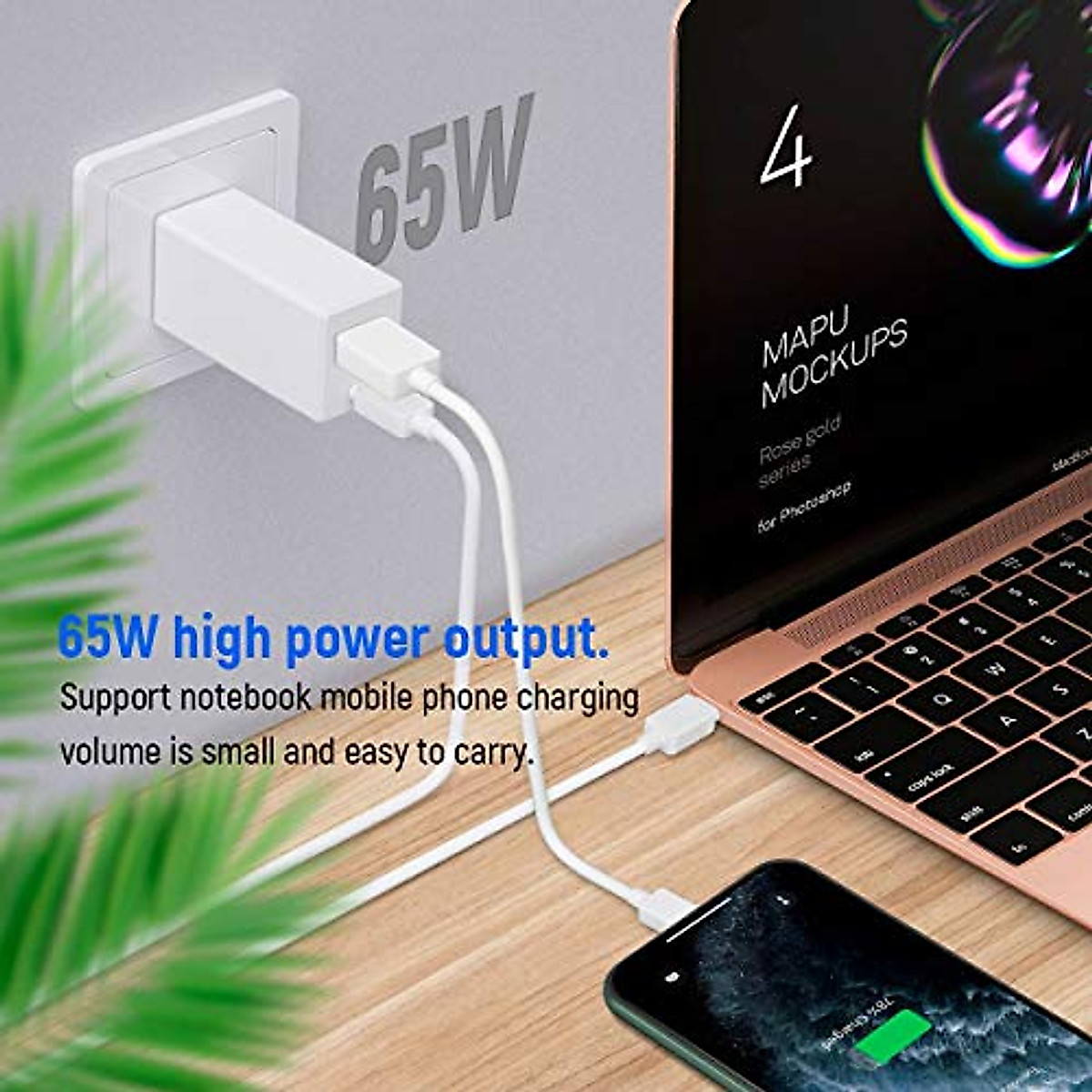 USB C Charger [GaN Tech] 65W Dual Port PD Wall Charger with 5ft USB C Cable for MacBook, USB C Laptops, iPad Pro, iPhone12, Galaxy, Pixel and More (Black)