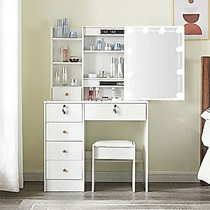 JBLCC Makeup Vanity with Lights Mirror, Makeup Table Set Vanity Mirror with Sliding Mirror, Vanity Desk with Storage Shelves, Drawers, Modern Vanity Table for Bedroom (62605)