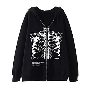 Women Men Y2K Goth Skeleton Zip Up Hoodie, Korean Alt Grunge Winter Fall Dark Academia Harajuku Punk Emo Hooded Jacket (BKW,S,Small)