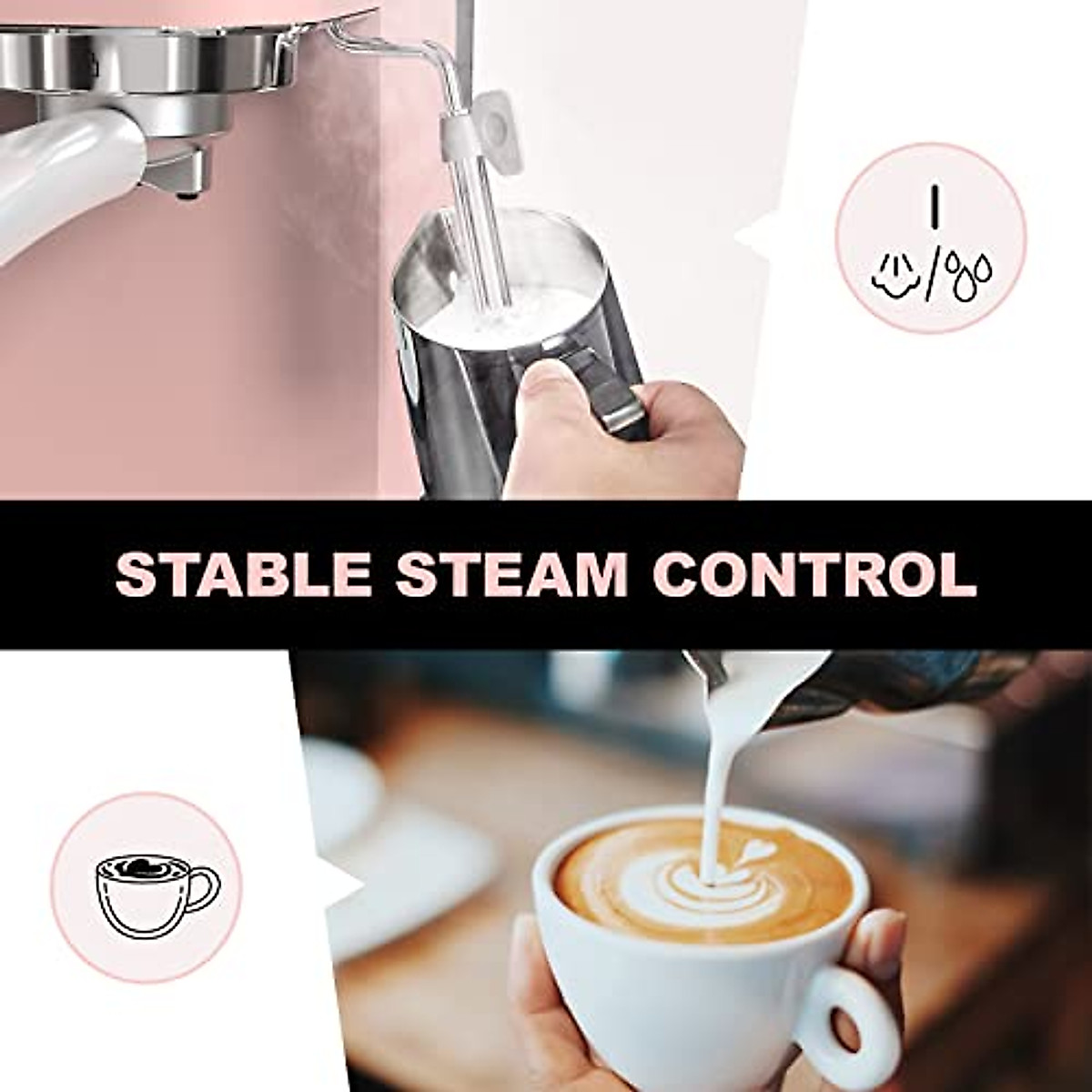 Laekerrt Espresso Machine 20 Bar Espresso Maker CMEP01 with Milk Frother Steam Wand, Professional Expresso Machine for Cappuccino and Latte (Pink) Gift for Coffee Lovers, Girl Friend, Daughter, Mom
