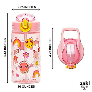 Zak Designs Kids Water Bottle For School or Travel, 16oz Durable Plastic Water Bottle With Straw, Handle, and Leak-Proof, Pop-Up Spout Cover (Sunny Smiles)