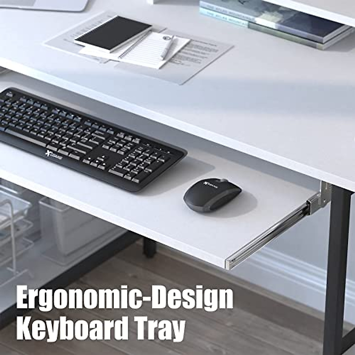 White Desk with Keyboard Tray, 55 INCH Desk with Storage Shelves Modern Computer Desks for Home Office Study Desk with Monitor Shelf Industrial PC Desk Studio Desk with Iron Hooks, Easy to Assemble