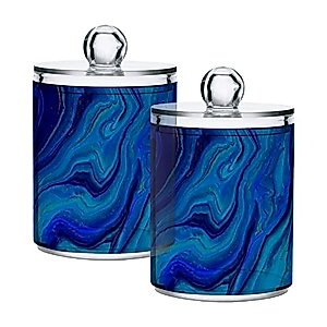 2 Pack Qtip Holder Organizer Dispenser Navy Blue Marble Bathroom Storage Canister Cotton Ball Holder Bathroom Containers for Cotton Swabs/Pads/Floss