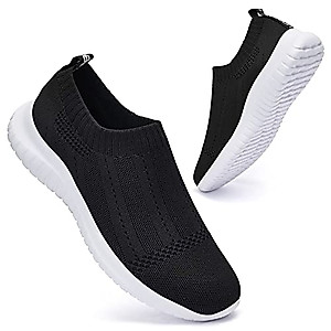 LANCROP Women's Casual Tennis Shoes - Comfortable Knit Gym Walking Slip On Sneakers Wide 12 M US, Label 44 Black
