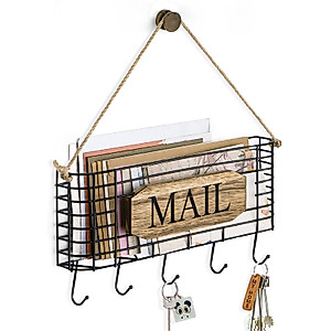 SRIWATANA Mail Holder, Rustic Mail Organizer Wall Mount Hanging Mail Sorter Letter Basket with 5 Key Holder for Wall, Large, Carbonized Black