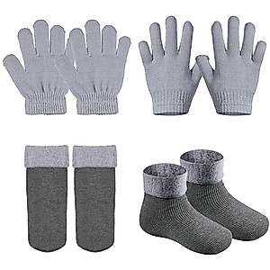 4 Pieces Kids Beanie Hat Scarf Gloves Socks Set Knit Winter Warm Set for Toddler (Grey)