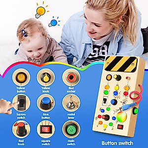 POLKRANE Busy Board with LED Light,Montessori Toys with Toggle Switch,Travel Toys and Wooden Toy for Educational Toddler Activities for 1 2 3 4 Year Old Boys & Girls (Rainbow)