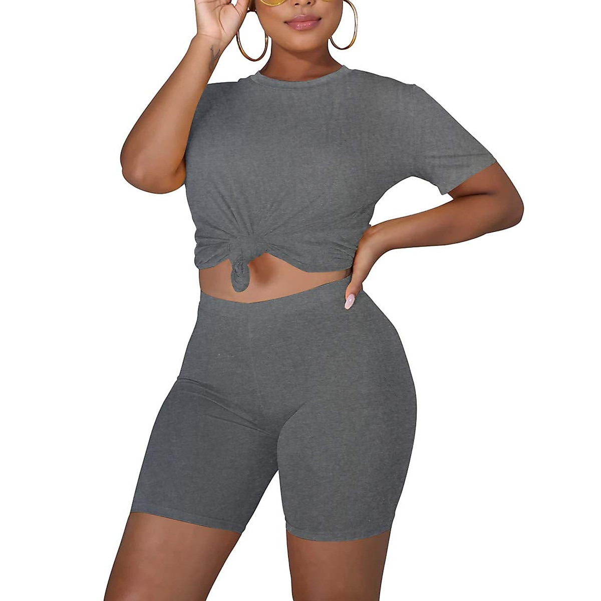 Kaximil Women's 2 Piece Club Outfits Casual Top T Shirt Biker Legging Shorts Set, Medium, Grey