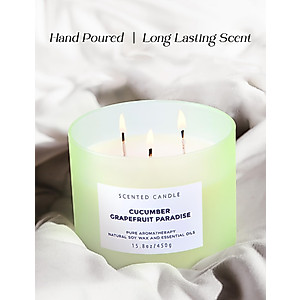 Cucumber Grapefruit Paradise Large Candle - 3 Wick Candle - Highly Scented Candle for Home 15.8 Oz - Natural Soy Candle Long Lasting, Clean Burn - Aromatherapy Stress Relief Candle for Men & Women