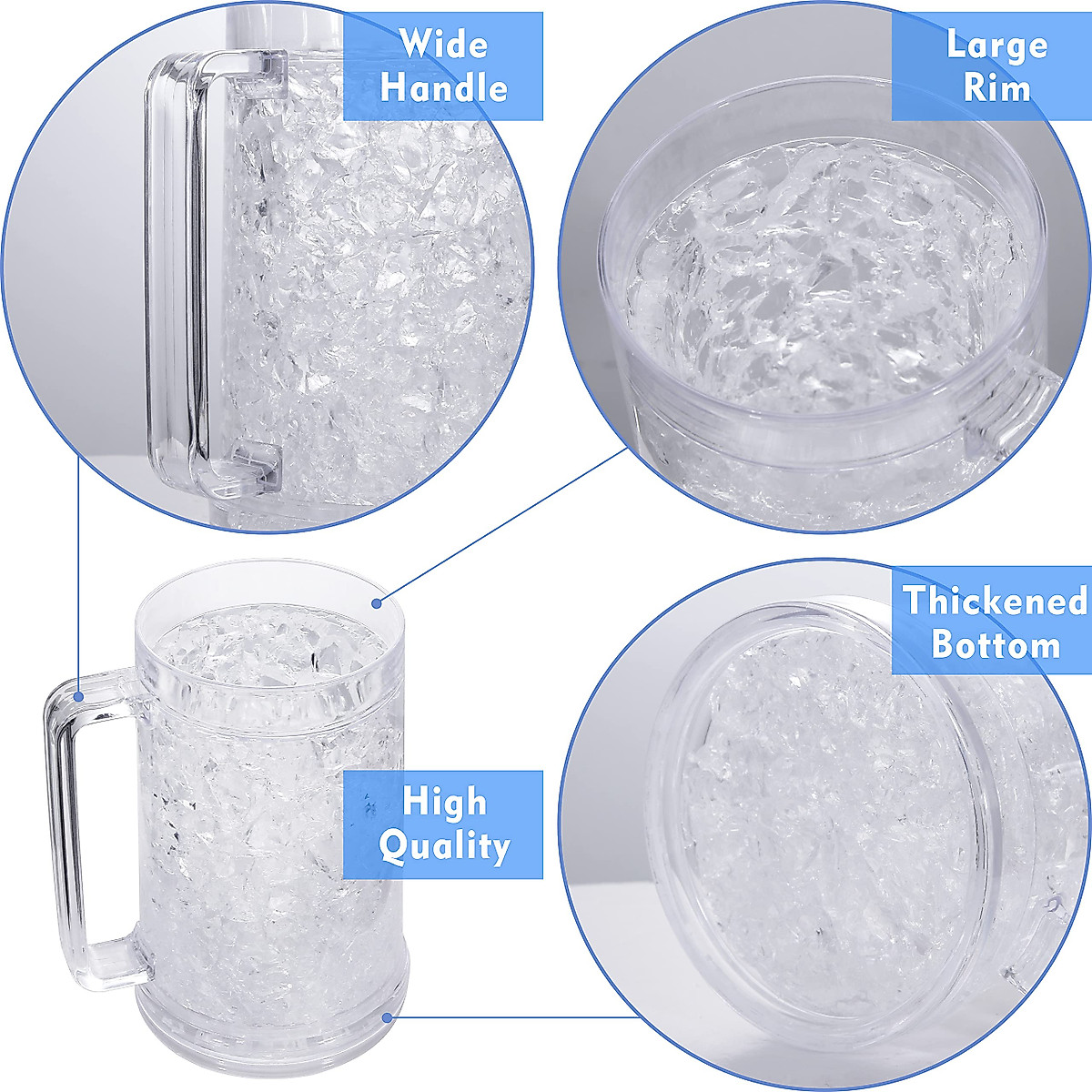 Patiomos Drinking Glasses Cups, Double Wall Gel Freezer Beer Mugs, Freezer Ice Mugs Cups, 16oz, Plastic Cooling Beer Mug Clear Set of 3 (Clear)