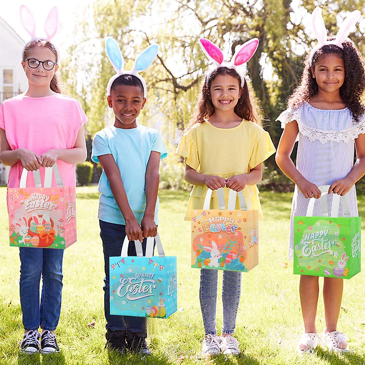 CCINEE 12Pcs Easter Gift Bags with Handle，Reusable Easter Tote Bags Non-Woven Bunny Treat Goodie Bag Easter Egg Hunt Bags for Easter Party Supply，7.9"×7.9"×5.9"