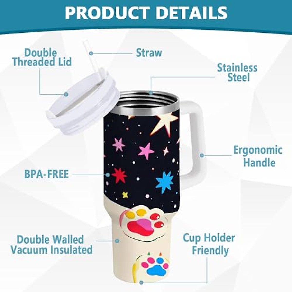 Nexawaveo Animal Paws Stars Stainless Steel Tumbler with Handle and Straw Fits in Standard Cup Holder Iced Coffee Cups for Smoothie Cocktail Beer Soda Fruit Juice