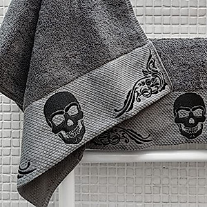 Skullistic Gothic Skull Embroidery Hand Towel 2pcs Set, 100% Cotton | Decorative Bathroom Towel for Hands & Face, Halloween Decor