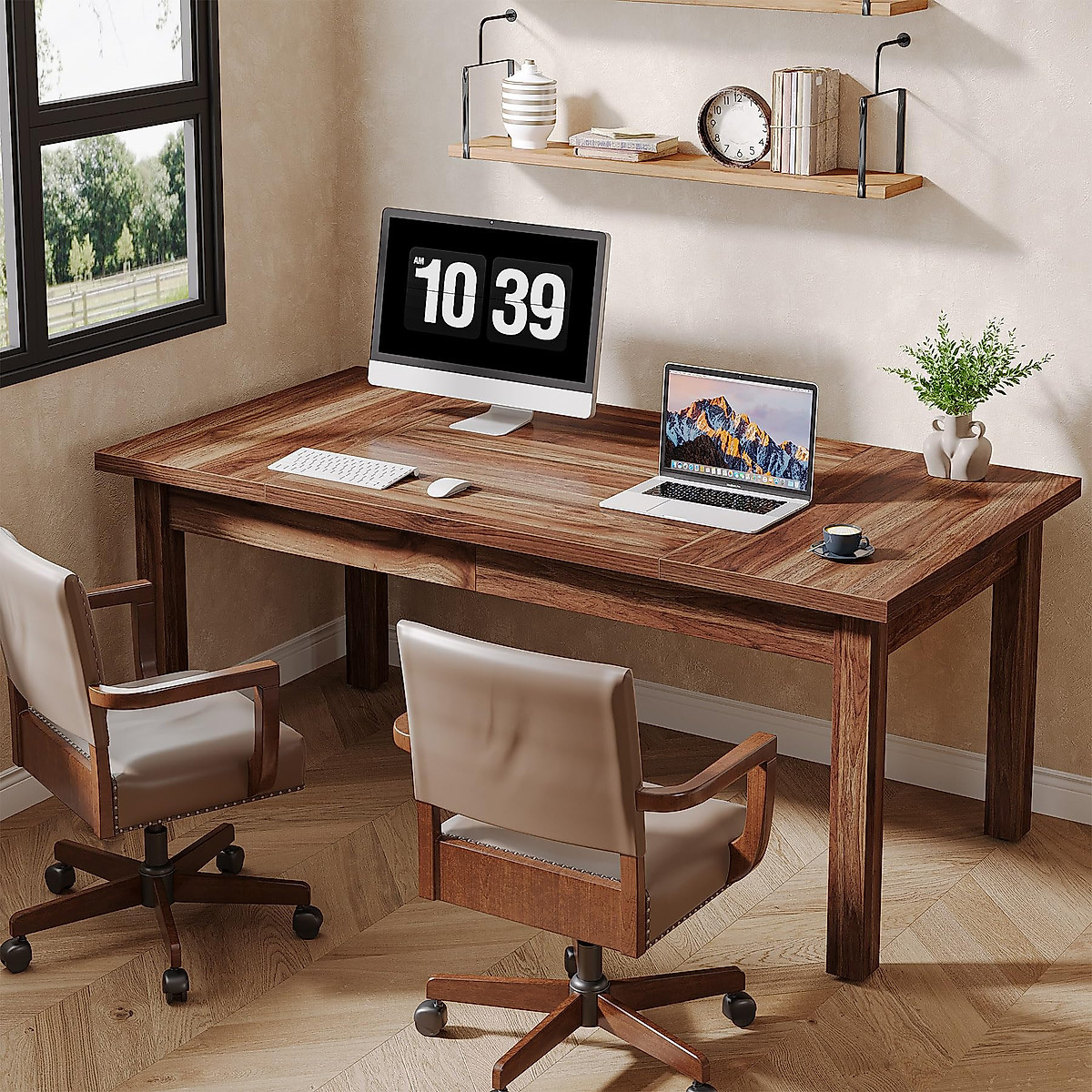 Tribesigns 70 Inch Large Desk, Wood Farmhouse Office Computer Desk Writing Study Desk for 1-2 Person, Executive Desk with Thickened Frame and Board