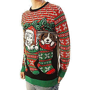 Ugly Christmas Party Sweater Men's- Unisex Dogs/Puppies Stocking Stuffers-Large Puppies in Stocking Red