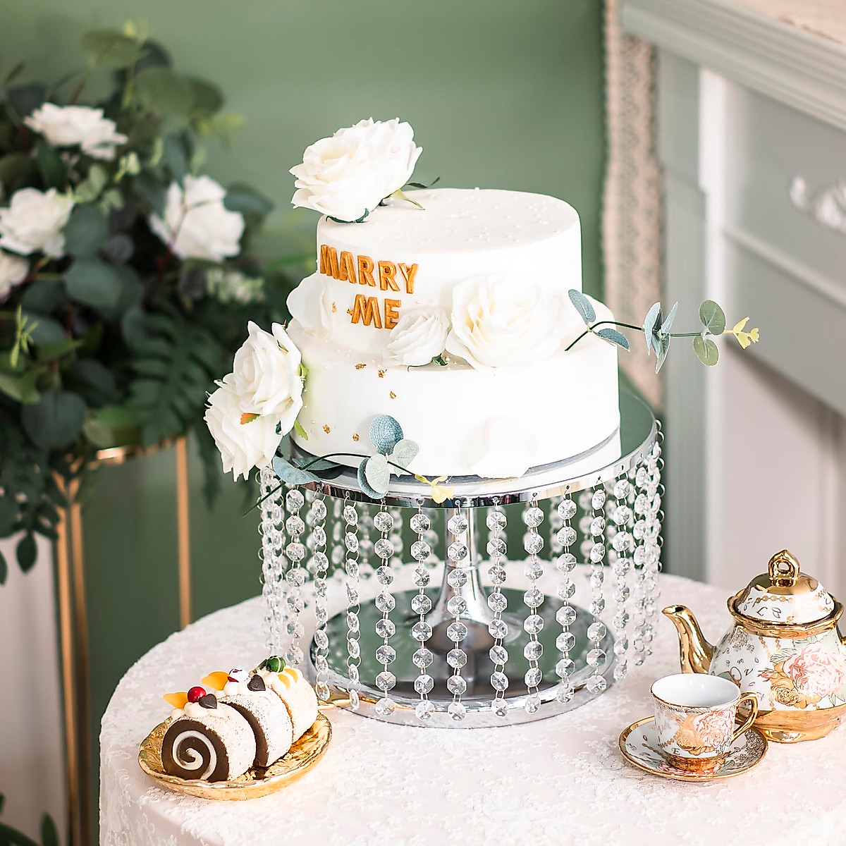 8 Inch Tall Metal Cake Stand - 12" Dia Round Base Cake Display Stand with Hanging Acrylic Crystals for Dessert Table, Wedding, Party, Event, Home Décor