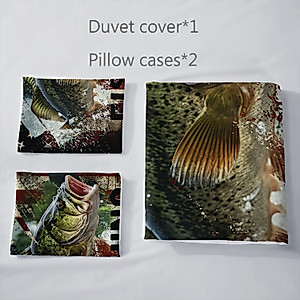 AILONEN Big Pike Fishing Duvet Cover for Boys Teen King Size, Bass Fish American Flag Pattern Bedding Set,Hunting and Fishing Comforter Cover,3 Pieces,1 Quilt Cover and 2 Pillowcases