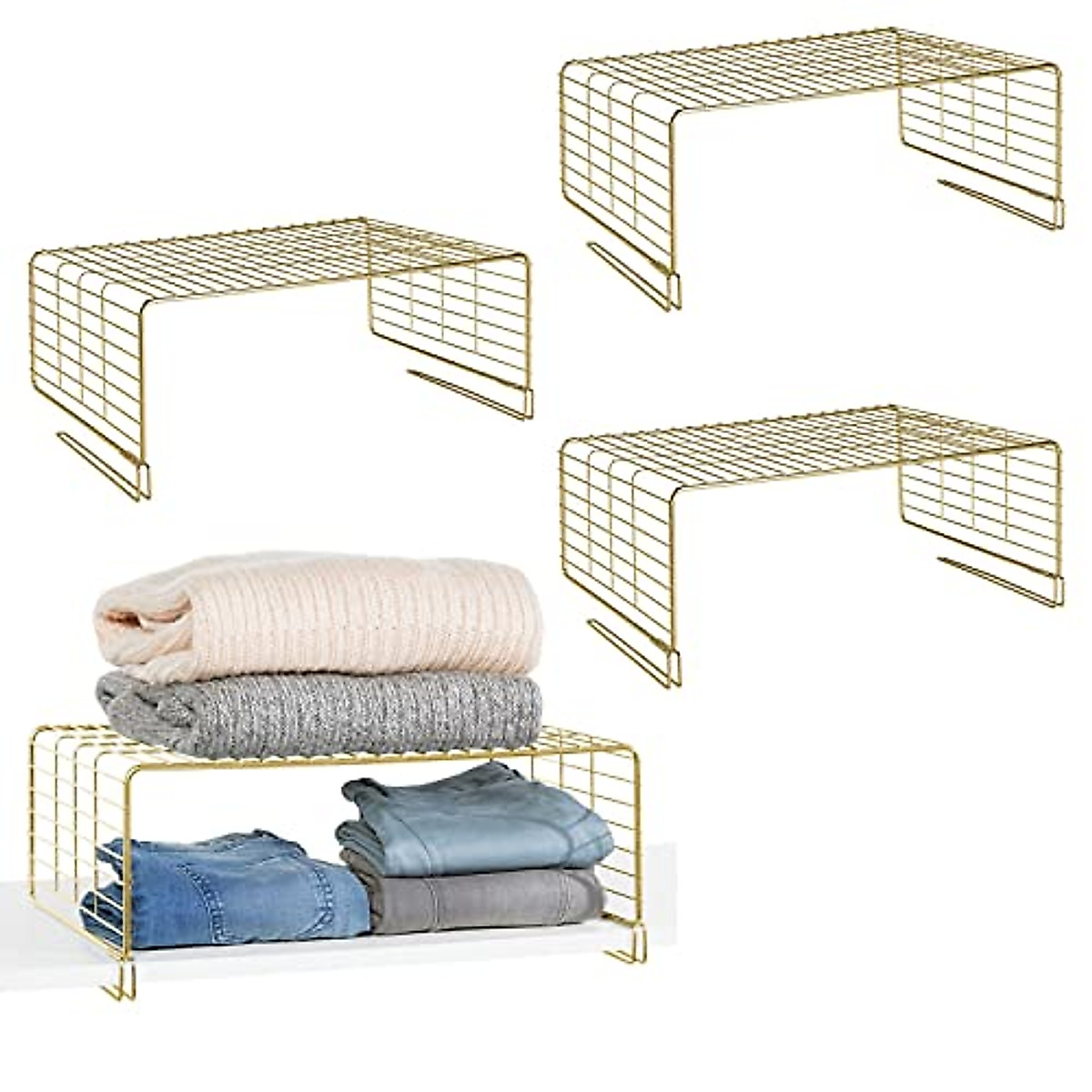 mDesign Modern Versatile Metal Closet, Cabinet Organizer Storage 2-Tier Shelf Divider, Separator for Bedrooms, Bathrooms, Entryways, Hallways, Kitchen Pantry, Office, Easy Install, 4 Pack - Soft Brass