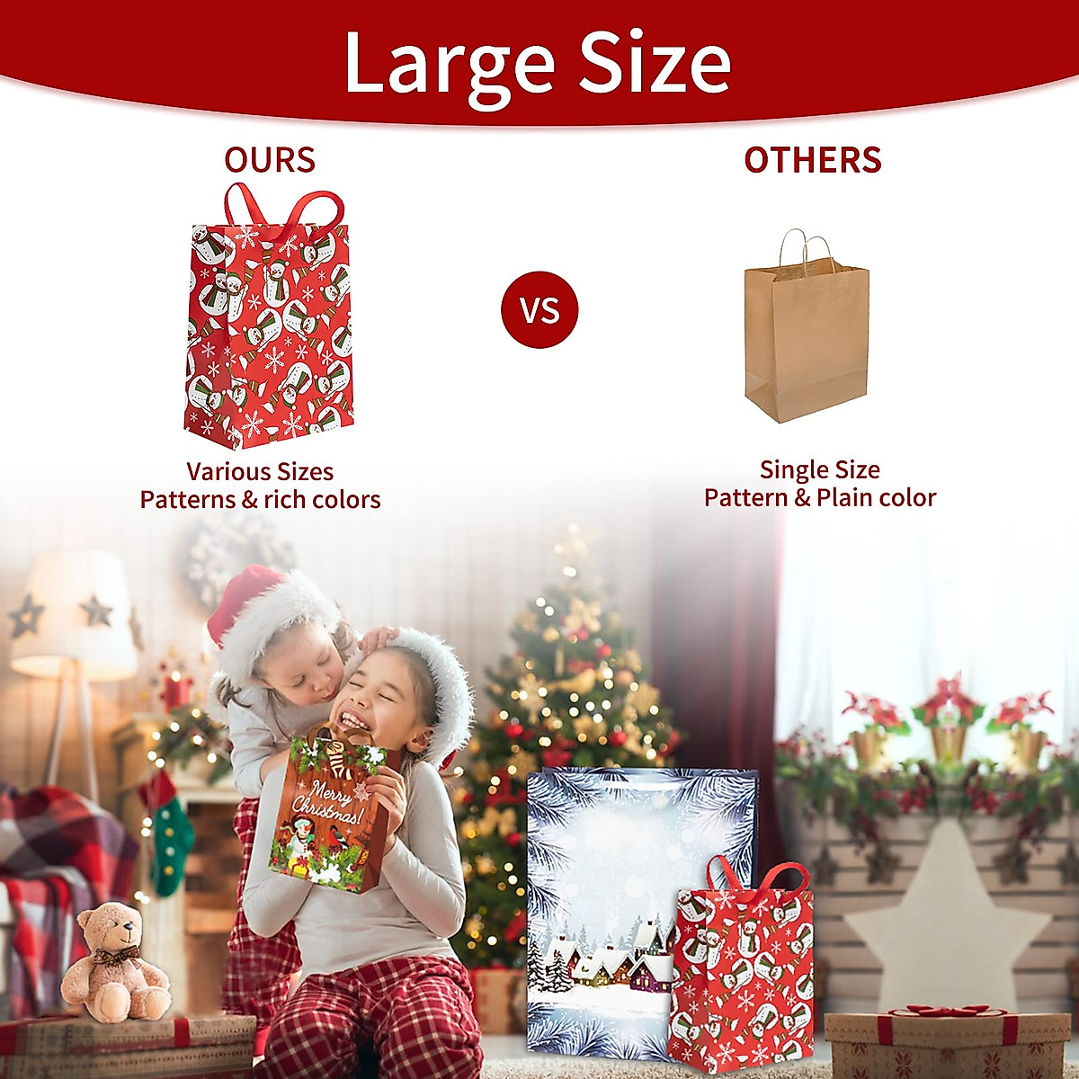 Novnsoi 24 PCS Gift Bags for Wrapping Holiday Gifts, Recyclable Festival Bags with Snowman, Reindeer, Christmas Bell/Tree, Snowflake, Gin Design - Bulk Set,6 X-L,6 Large,6 Medium,6 Small