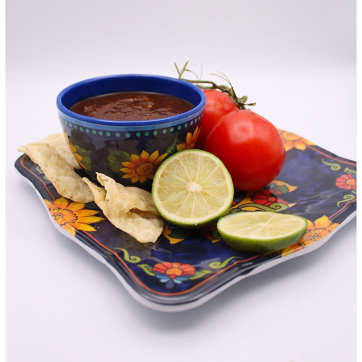 Chips and Salsa Chip Dip Bowl Set - Spanish 2 Piece Small Bowl Set Painted Blue Dishes with Sunflowers - Serving Bowls for Party and Fiestas (2)
